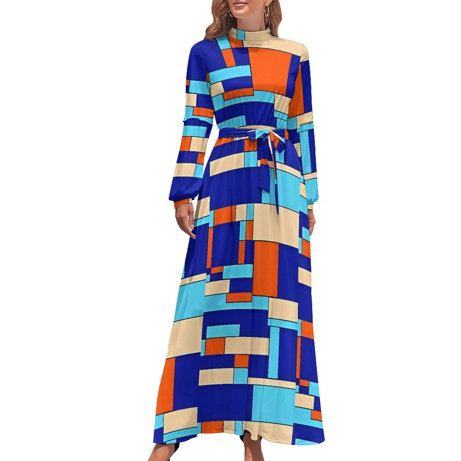 Contrast Color Dress Ethnic Geometric Triangles Trendy Maxi Dress ...