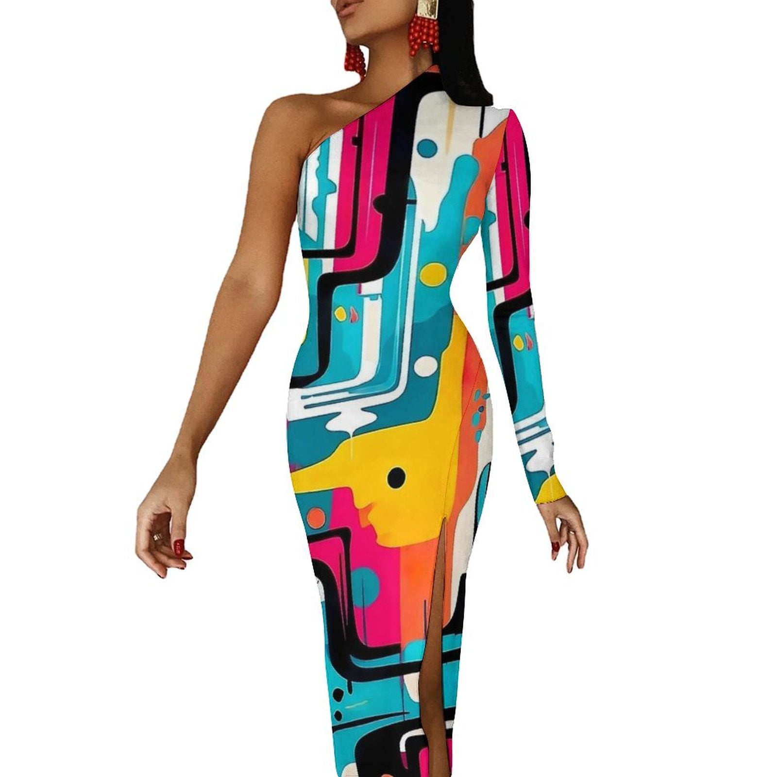 Contrast Color Long Dress Female Swirls Print Aesthetic Maxi Dress ...