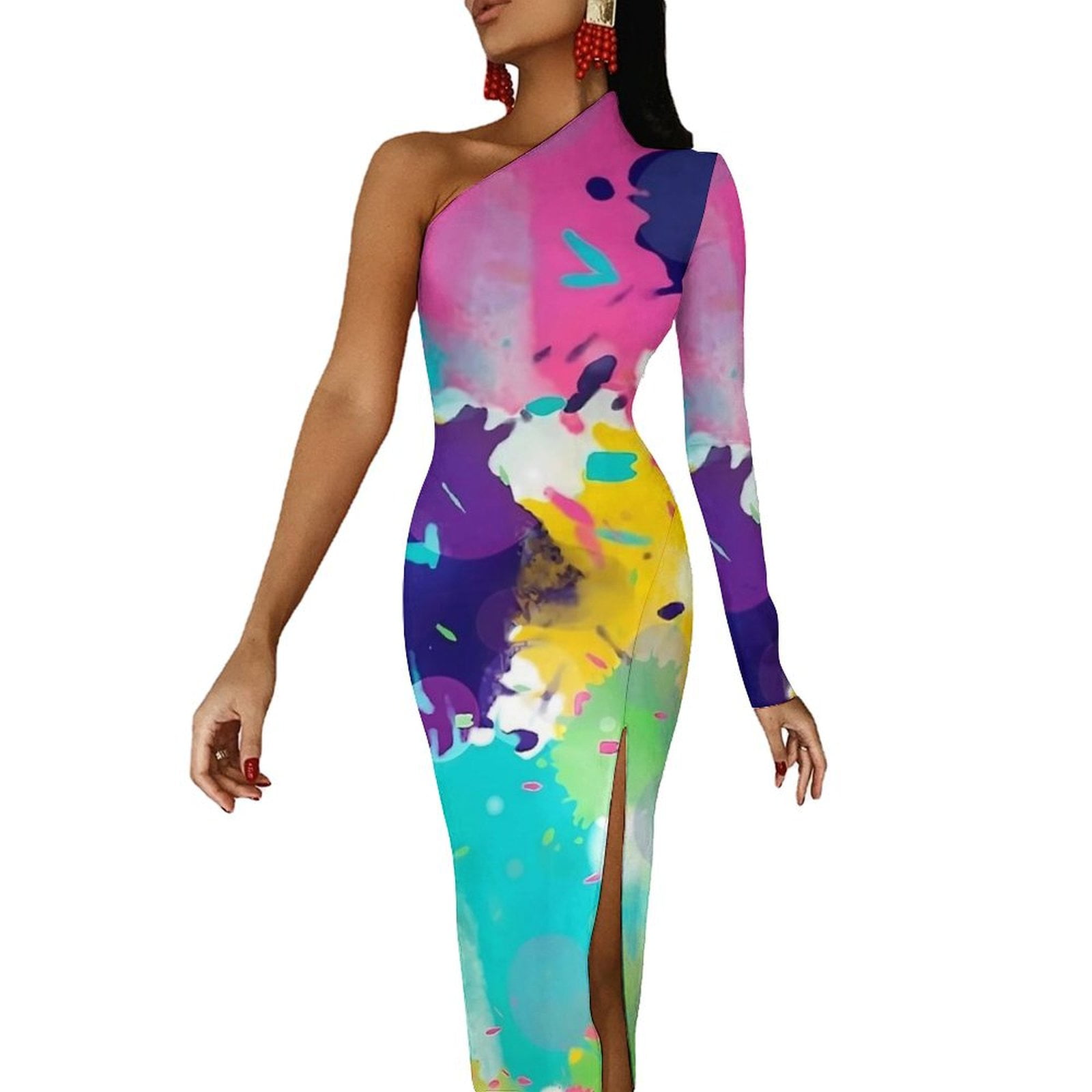Contrast Color Long Dress Female Swirls Print Aesthetic Maxi Dress ...