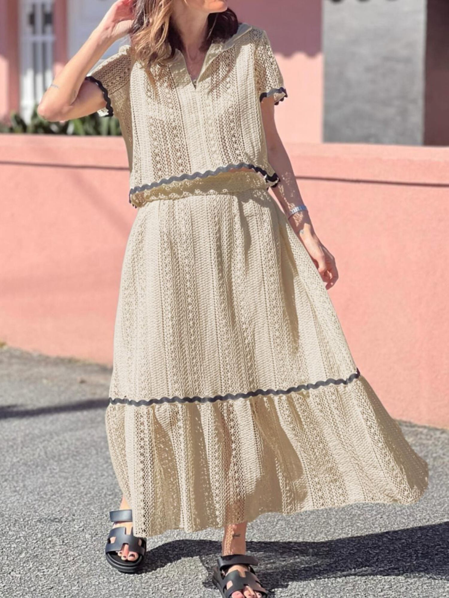 Contrast Trim Openwork Short Sleeve Top and Skirt Set - Walmart.com