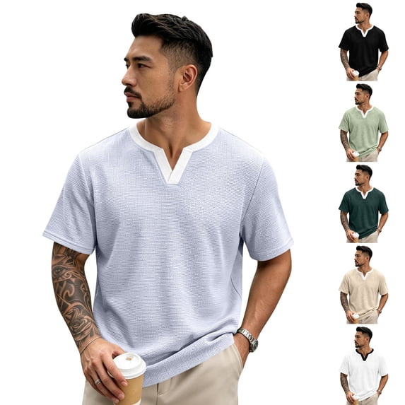 Contrast V Neck Waffle Pullover Shirts for Men Lightweight Short Sleeve ...