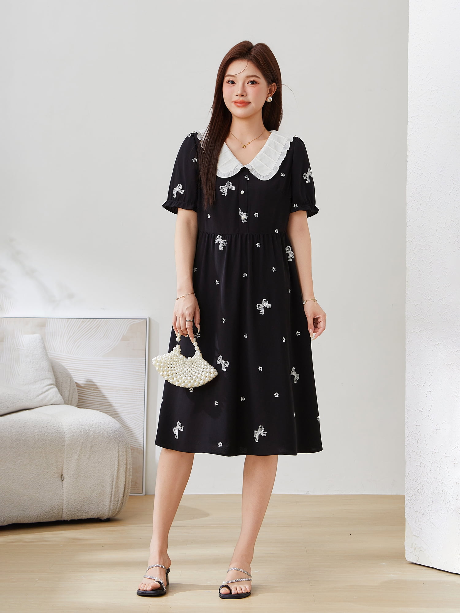 Contrasting Doll Collar Embroidered Dress - Walmart.com