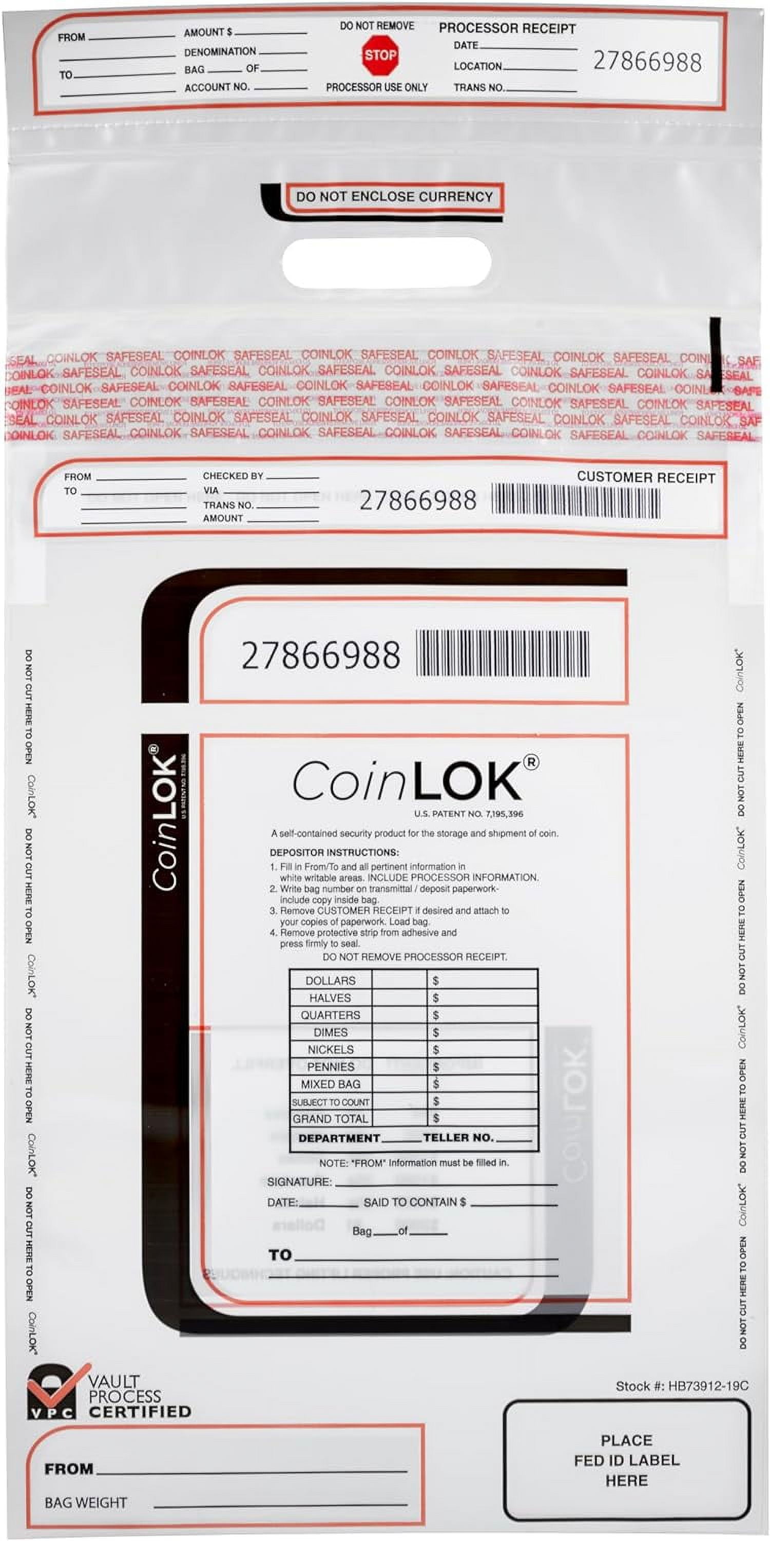 ControlTek CoinLok 12" x 24.5", Clear, 50 Bags, Tamper Resistant Coin ...