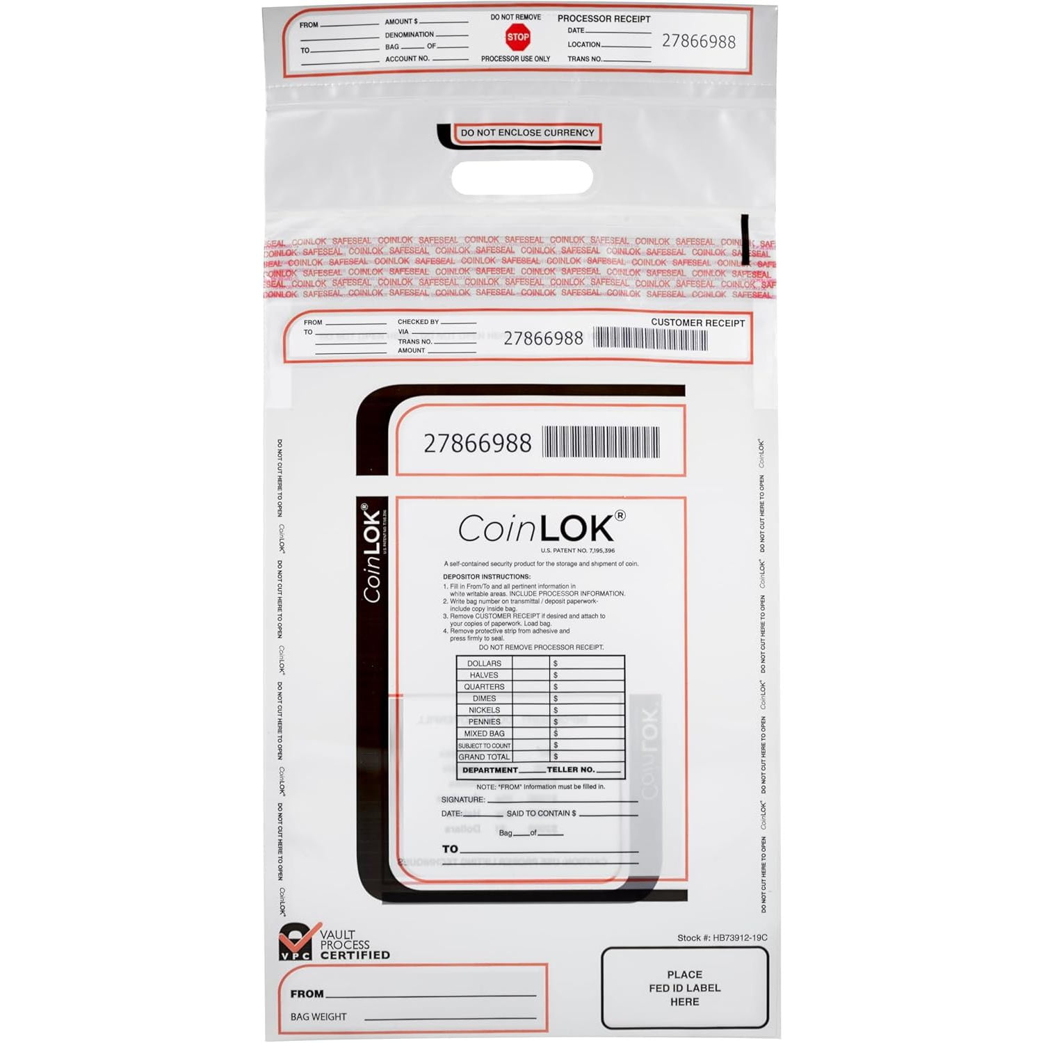ControlTek CoinLok 12" x 24.5", Clear, 50 Bags, Tamper Resistant Coin ...