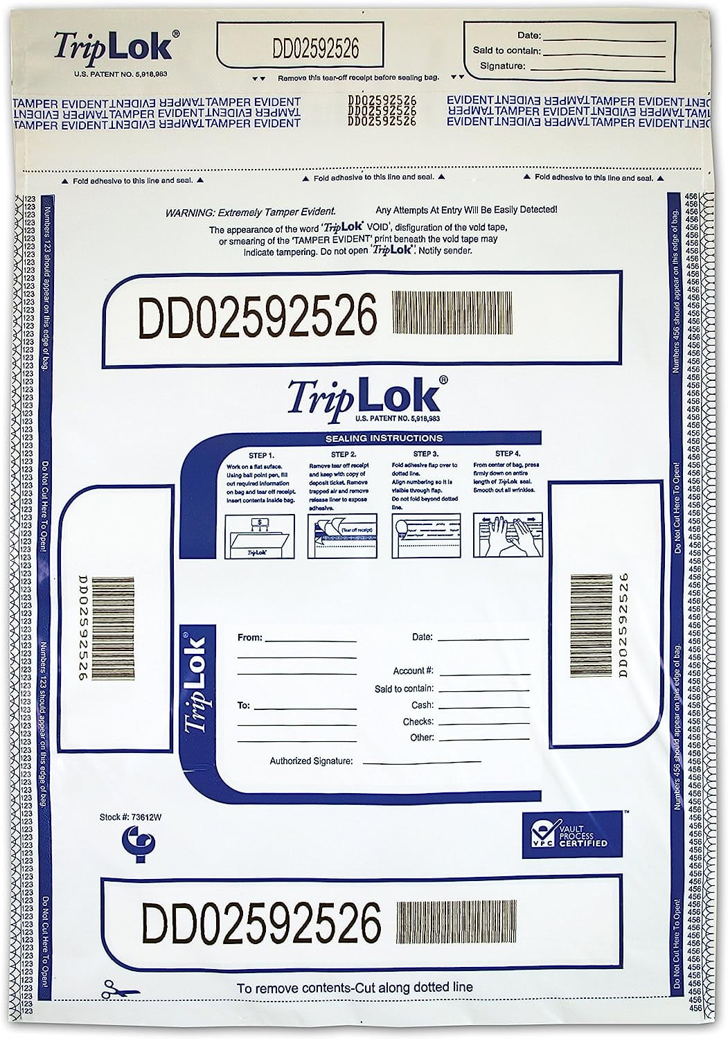 ControlTek TripLok 12" x 16", White, 100 Bags, Tamper-Evident Deposit ...