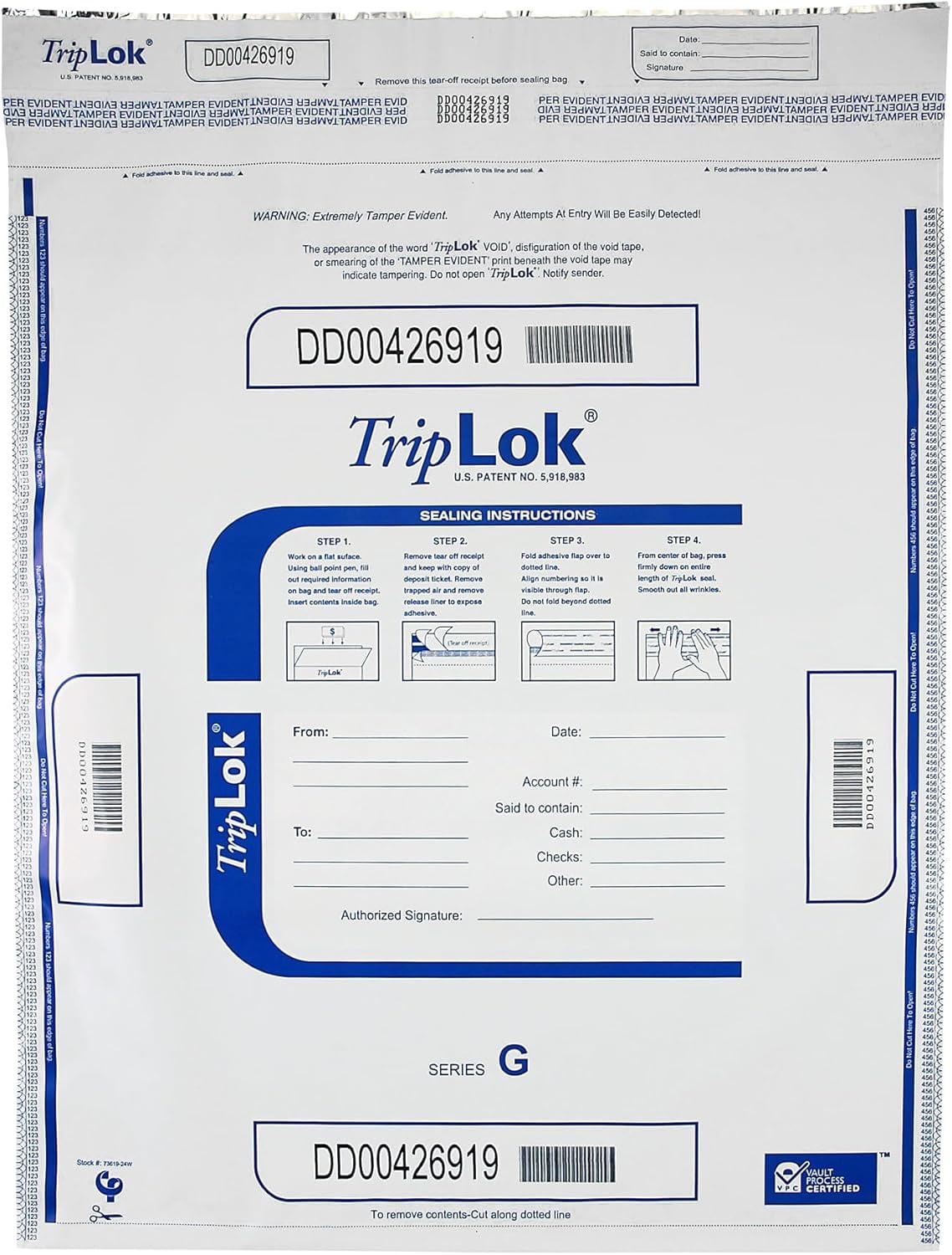 ControlTek TripLok 19" x 24", White, 50 Bags, Tamper-Evident Deposit ...