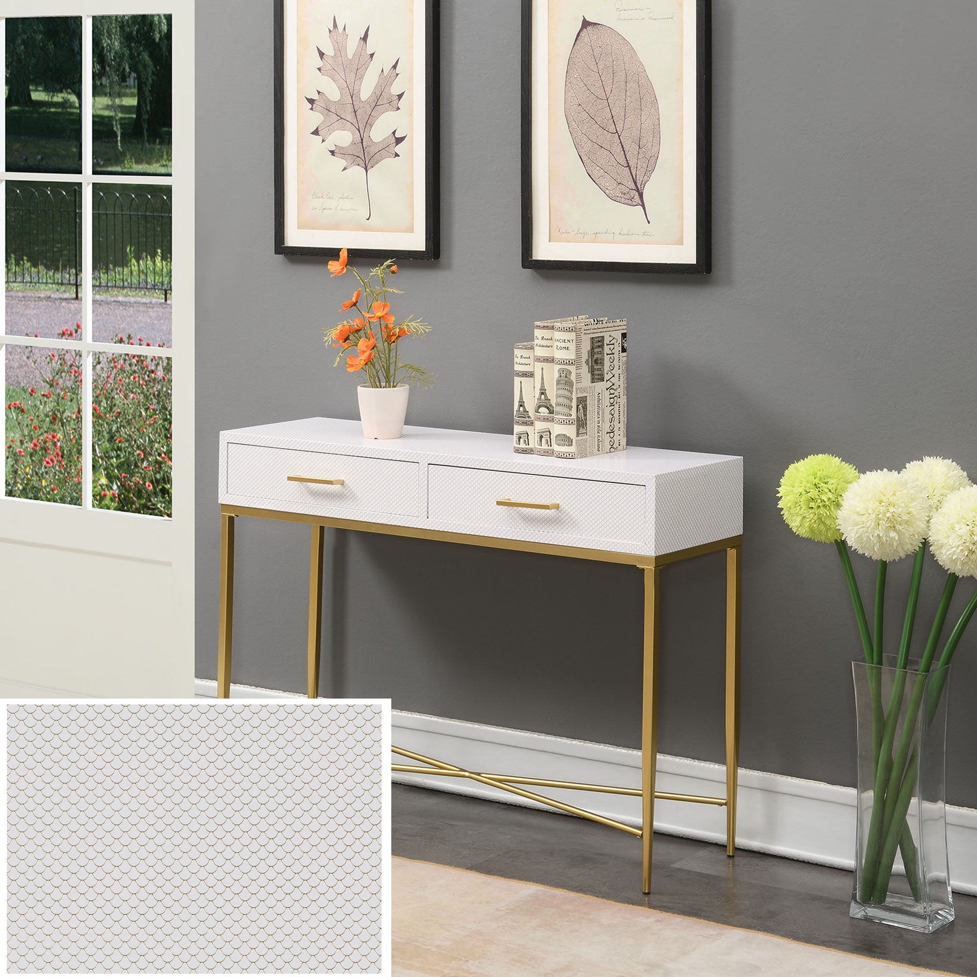 Convenience Concepts Ashley 2 Drawer Console Table, White Scallop/Gold ...