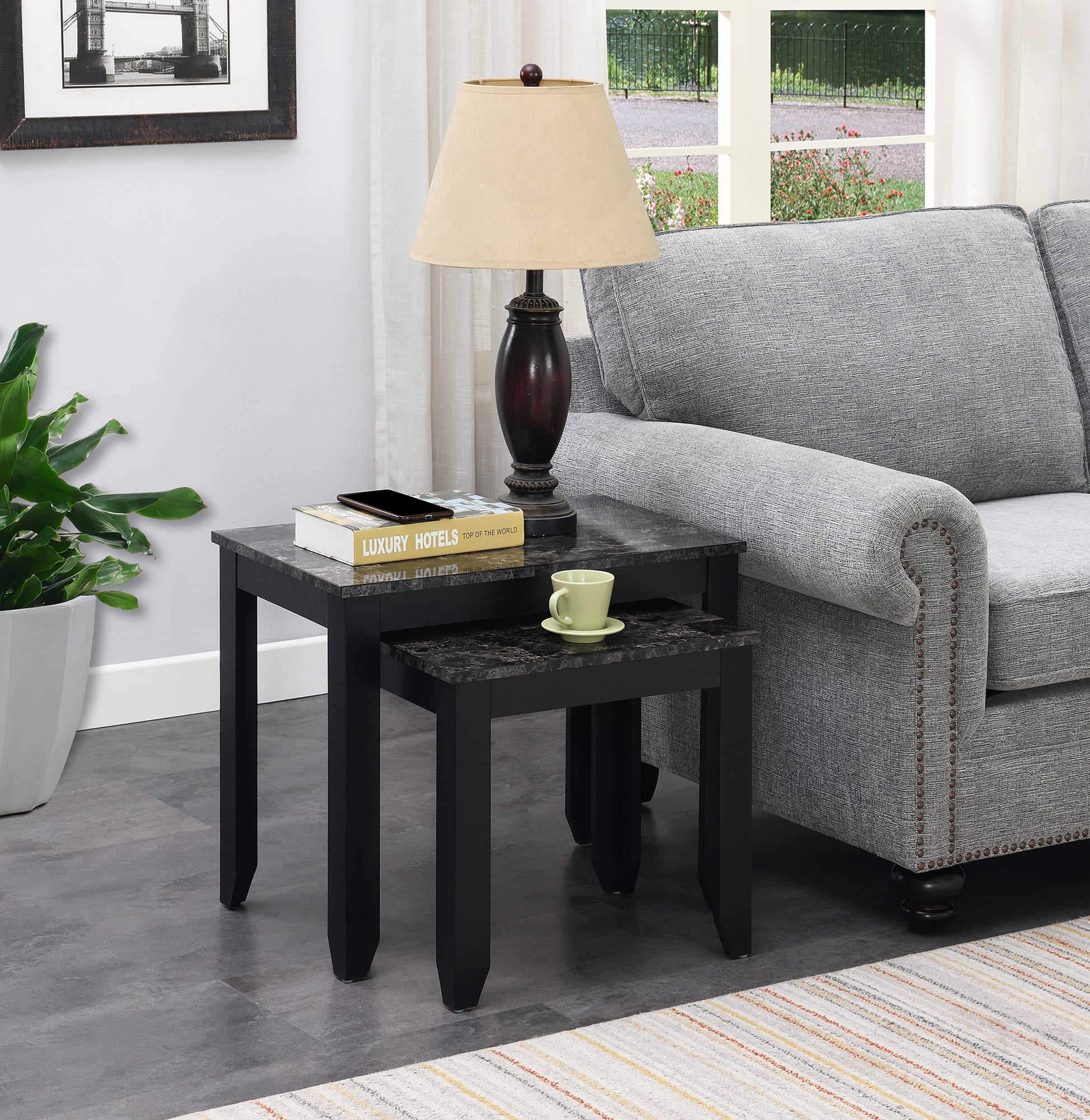 Convenience Concepts Baja Nesting End Tables, Black Faux Marble/Black ...