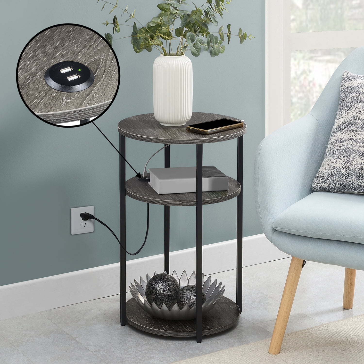 Designs2Go Simon Three-Tier End Table with USB Ports in Gray Wood ...