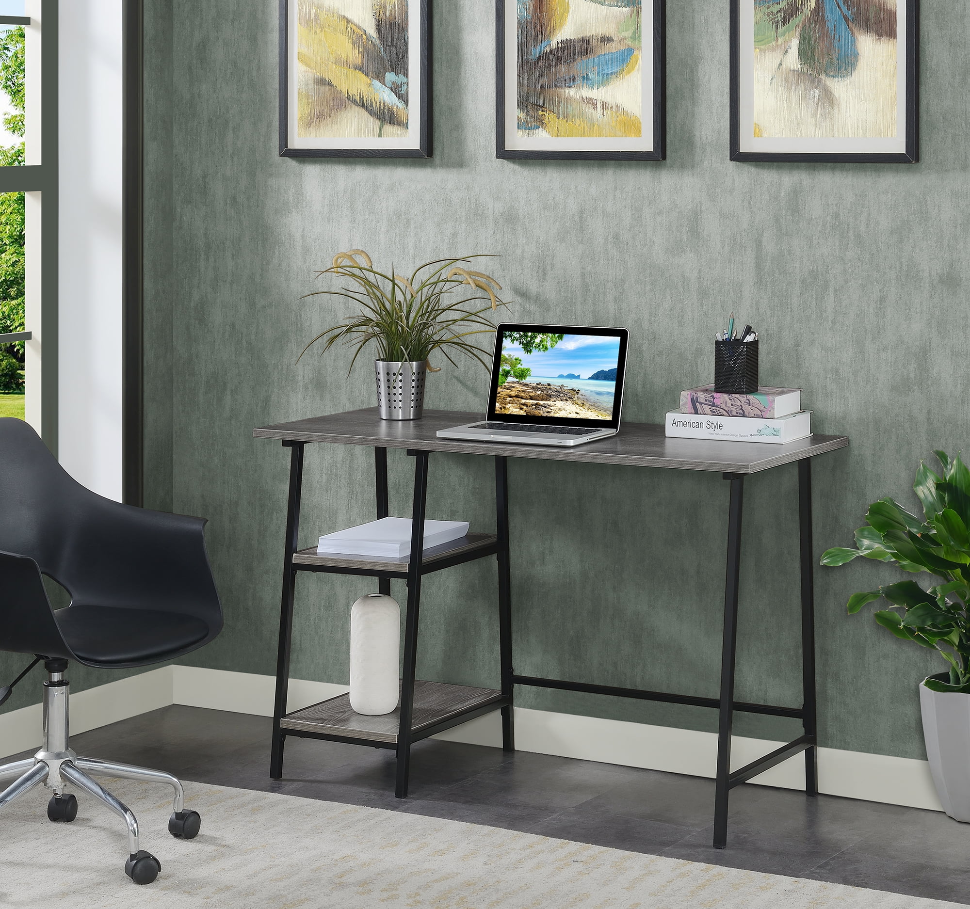 Designs2Go Trestle Desk in Weathered Gray Wood with Black Metal Frame ...