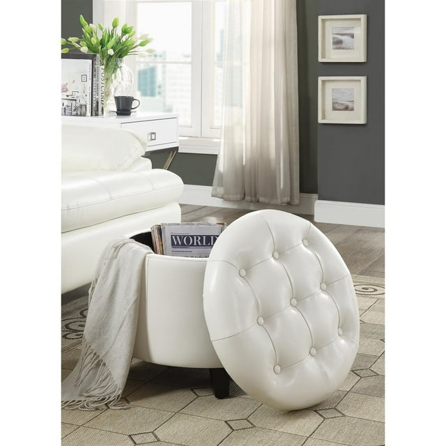Convenience Concepts Unique Small Round Storage Ottoman, Soft Ivory ...