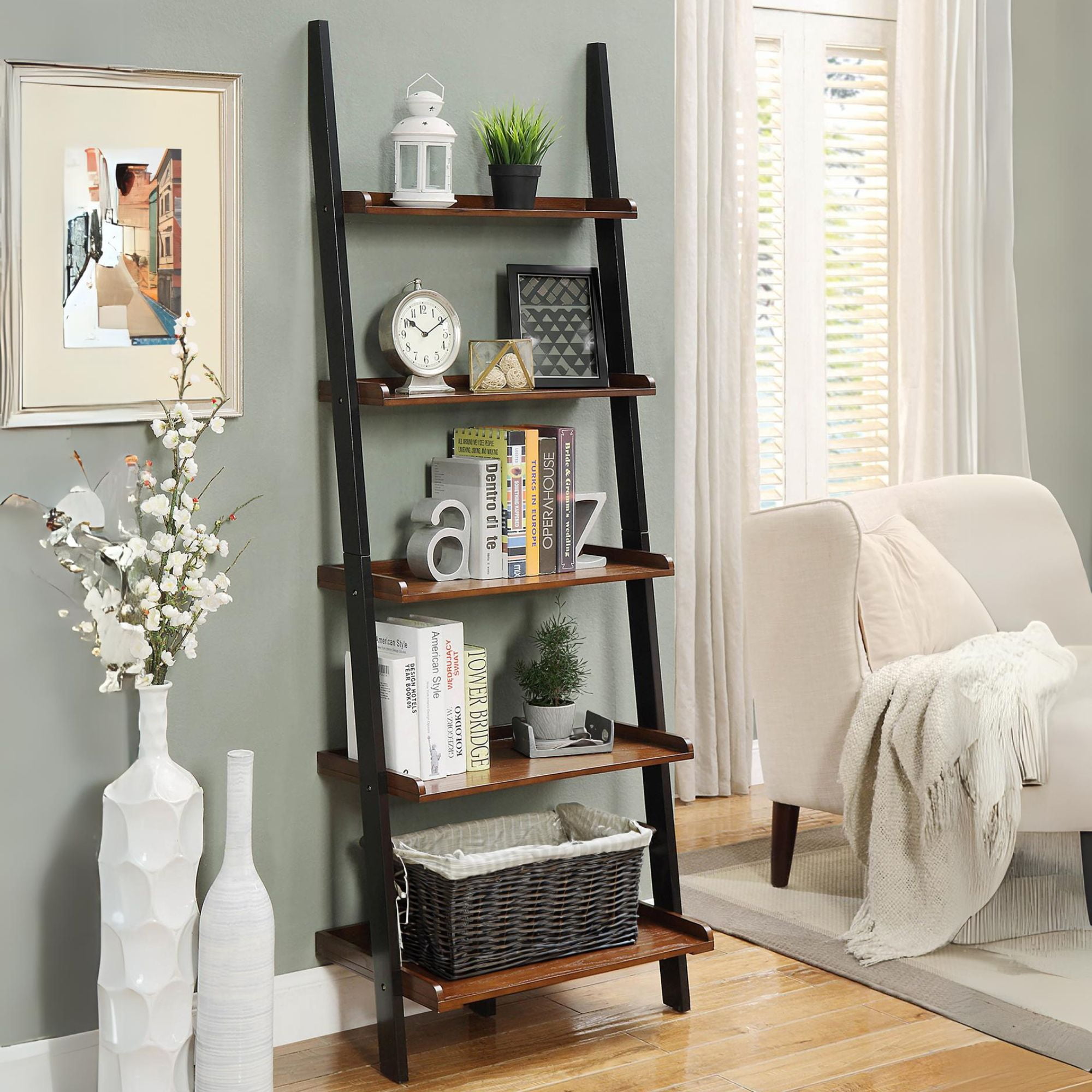 Convenience Concepts French Country Bookshelf Ladder in Dark Brown ...