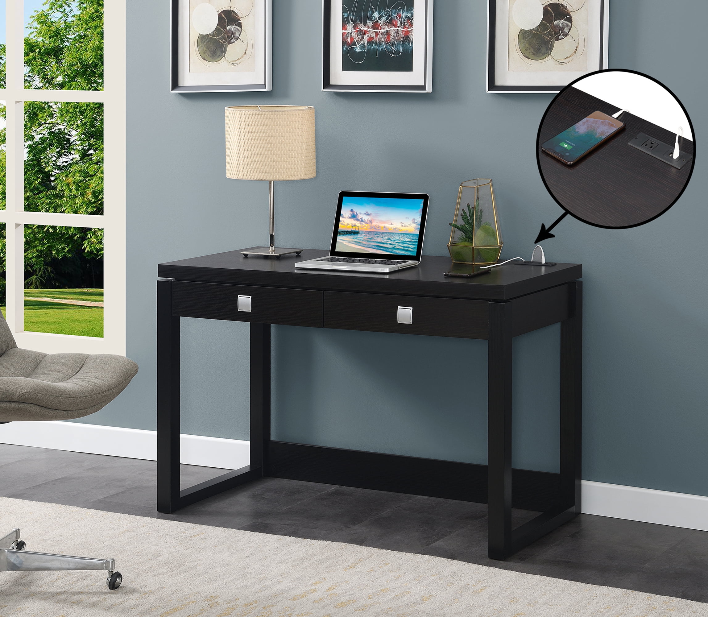 Convenience Concepts Newport 30.75 in. Tall 2 Drawer Desk with Charging ...