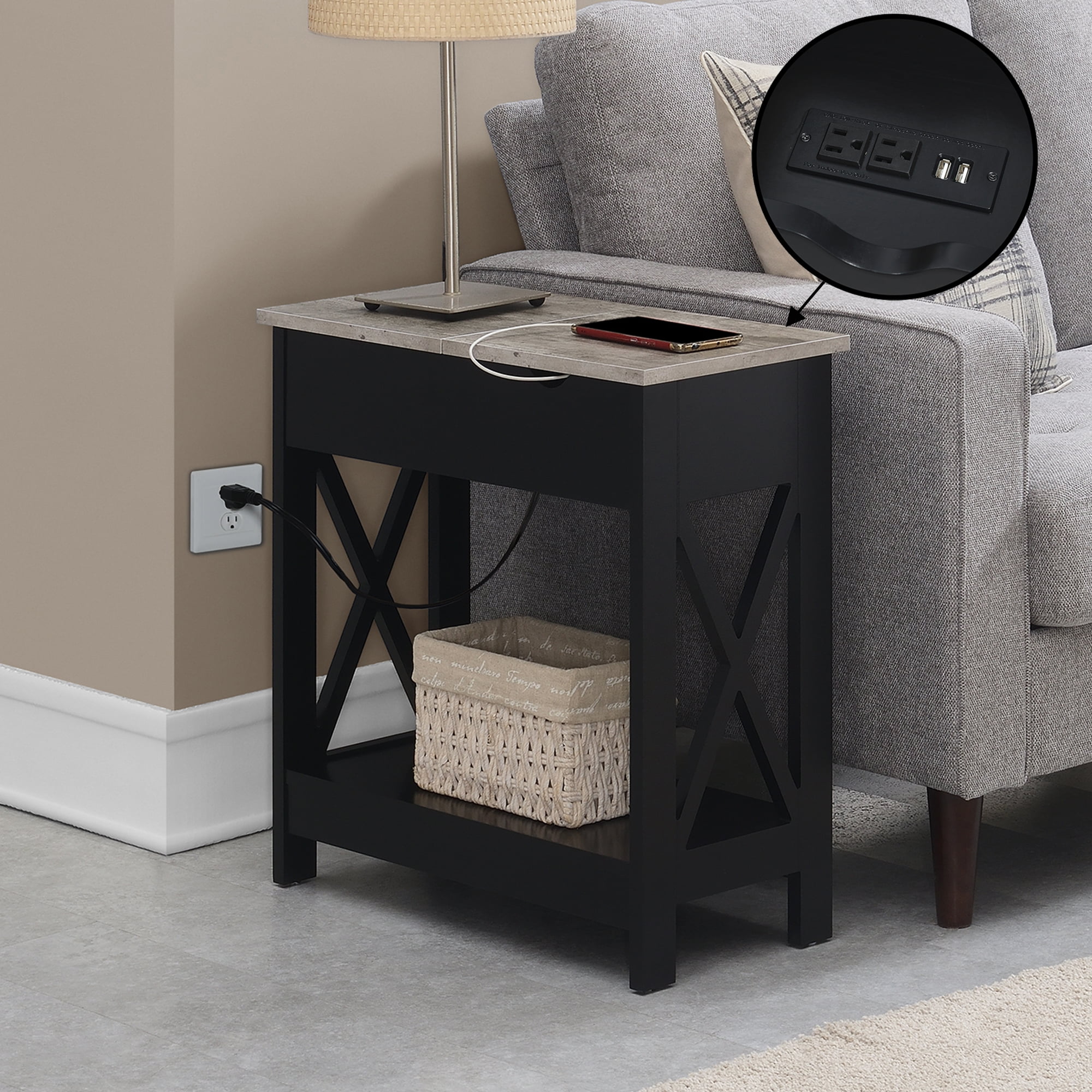 Convenience Concepts Oxford Flip Top End Table, Charging Station, Faux ...