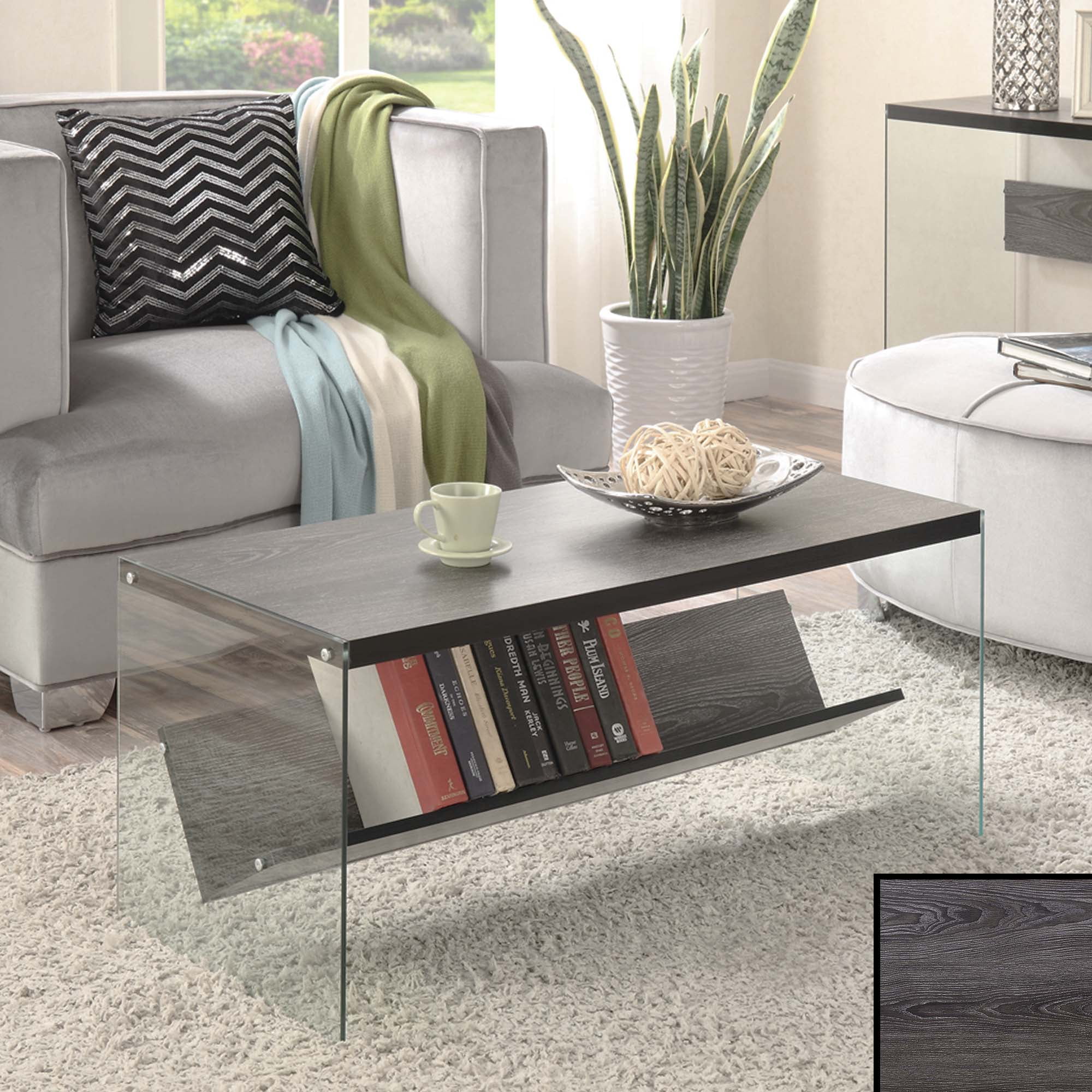 Convenience Concepts SoHo Glass Coffee Table with Shelf, Weathered Gray ...