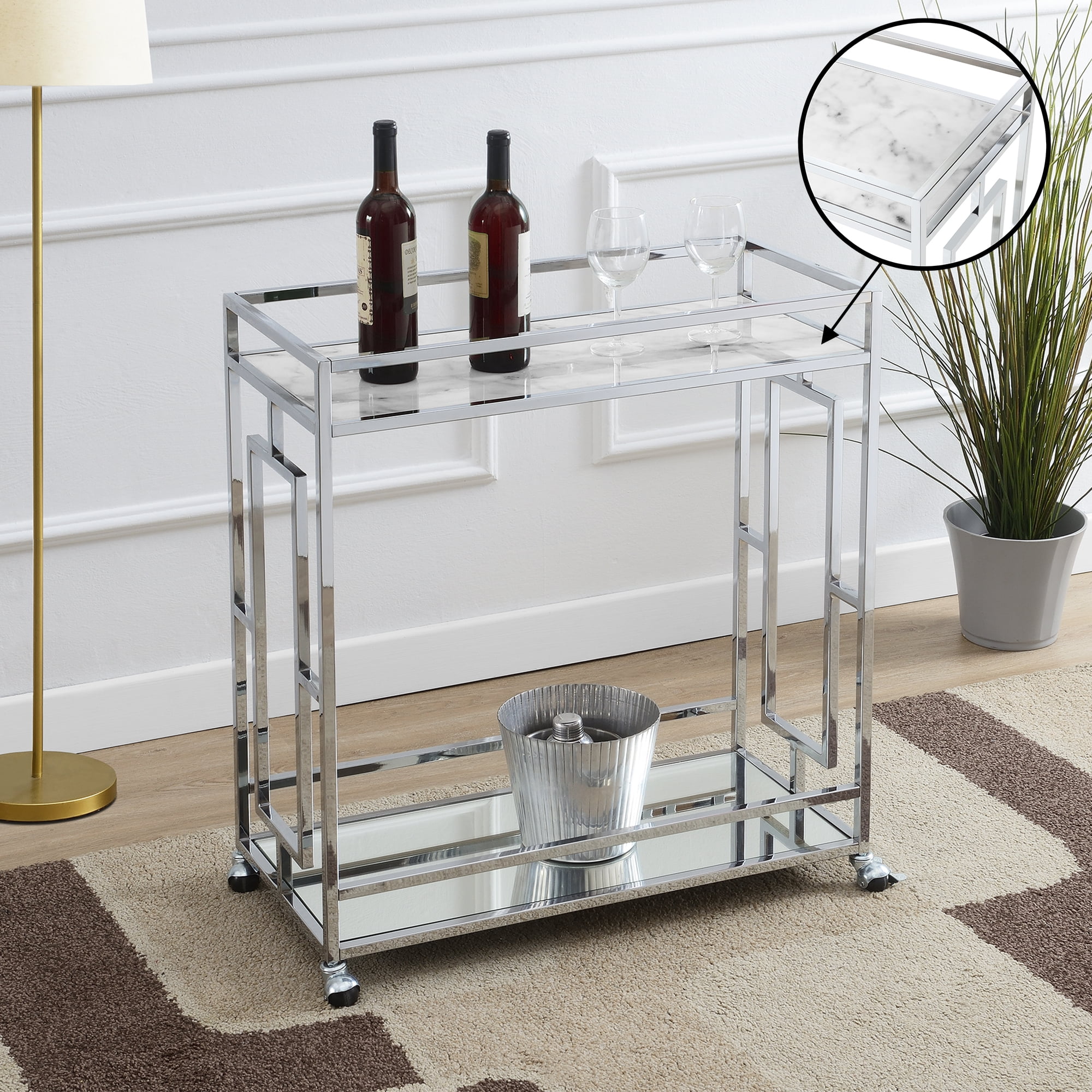 Convenience Concepts Town Square Chrome Faux Marble Mirrored Bar Cart ...