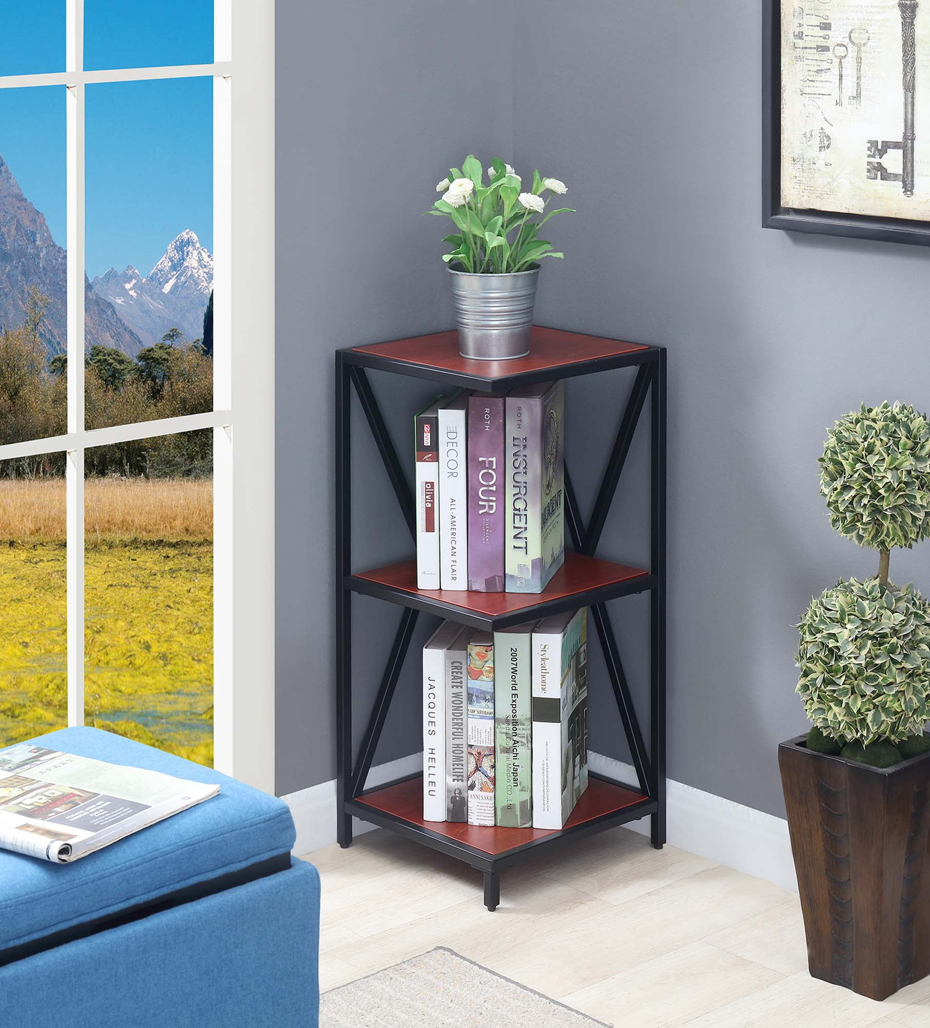 Convenience Concepts Tucson Metal 3 Tier Corner Bookcase, Cherry/Black ...