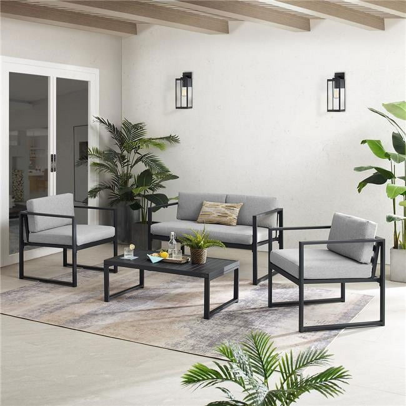 Conversation Set, Gray & Matte Black - Loveseat, Coffee Table & 2 ...