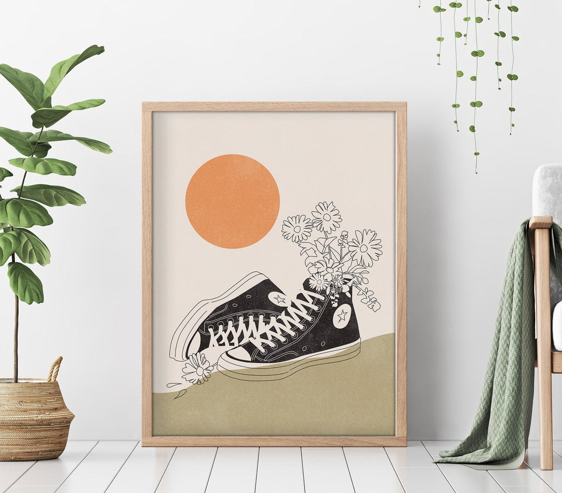 Converse & Flowers Line Art Print, Boho Room UNFRAMED Poster, Wall Art ...