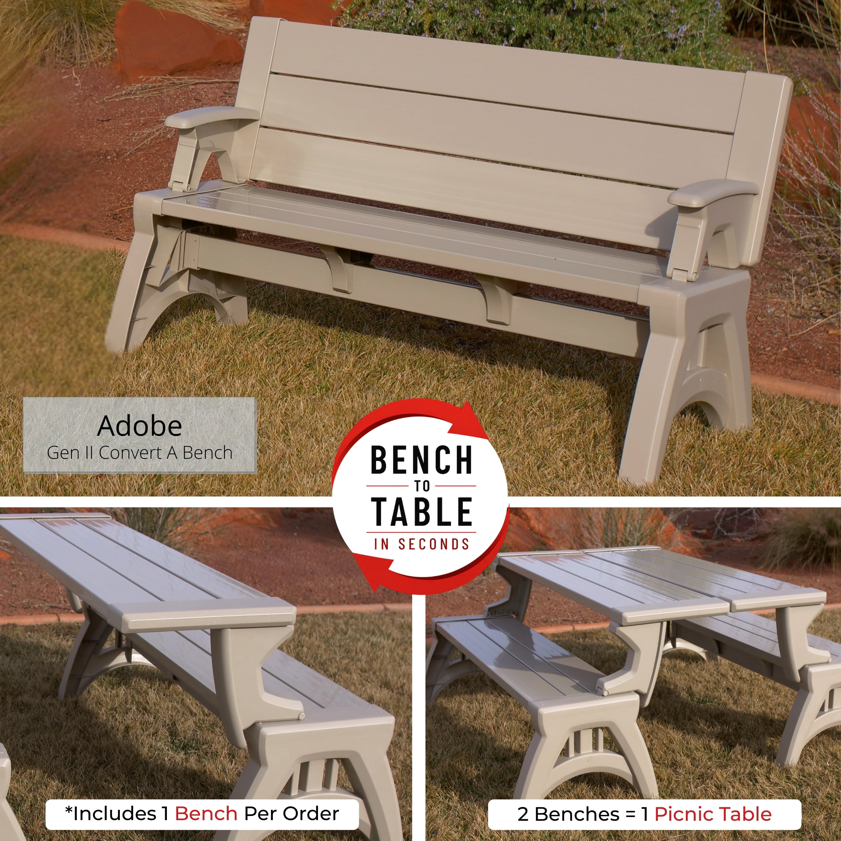 Convert a Bench 60" Outdoor Vinyl Picnic Table, Adobe, Generation II ...