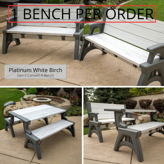 "Gen II 60"" Convertible Outdoor Patio Bench to Table, Platinum White ...