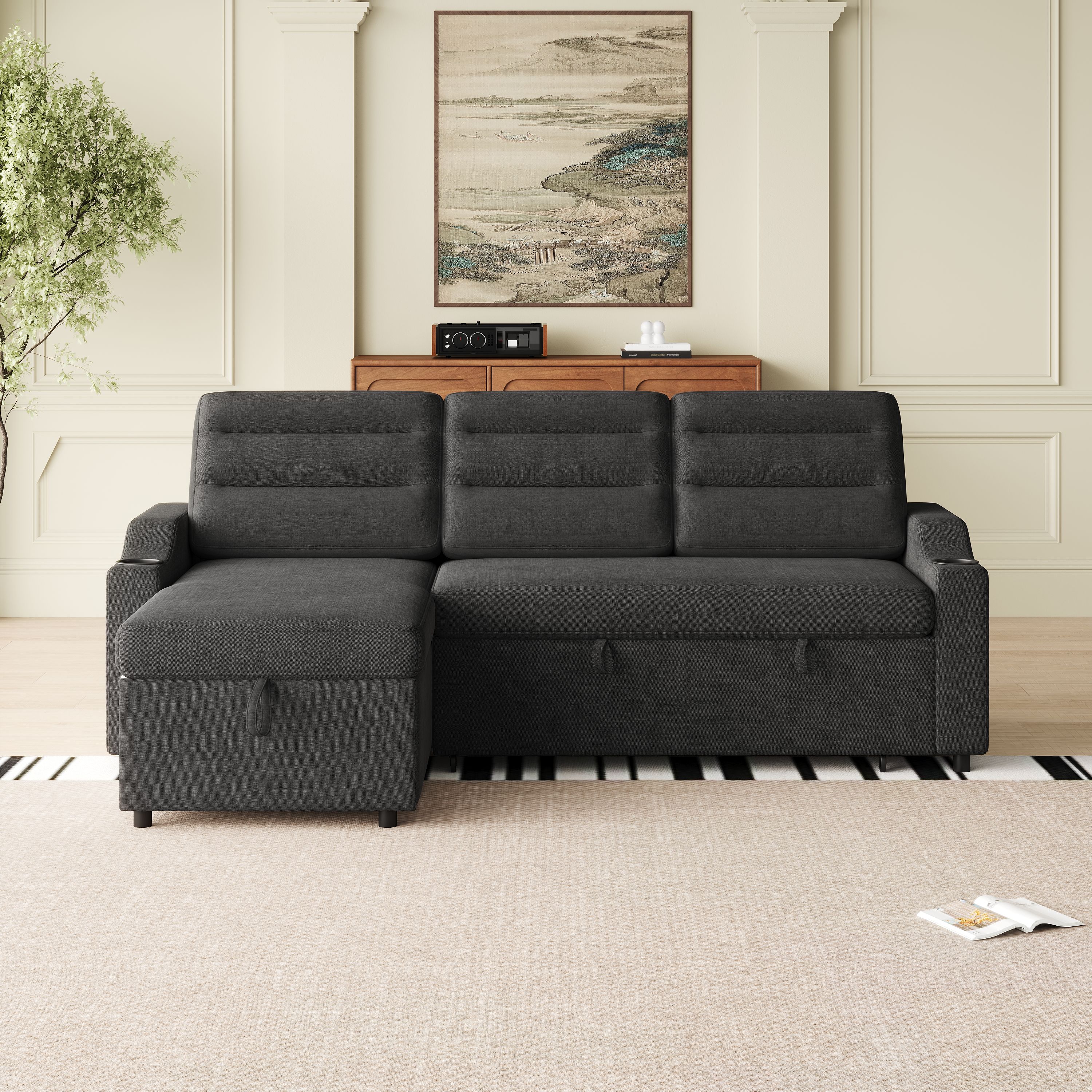 Convertible 3-Seater Sleeper Sofa with Pullout Bed, Storage Chaise, and ...