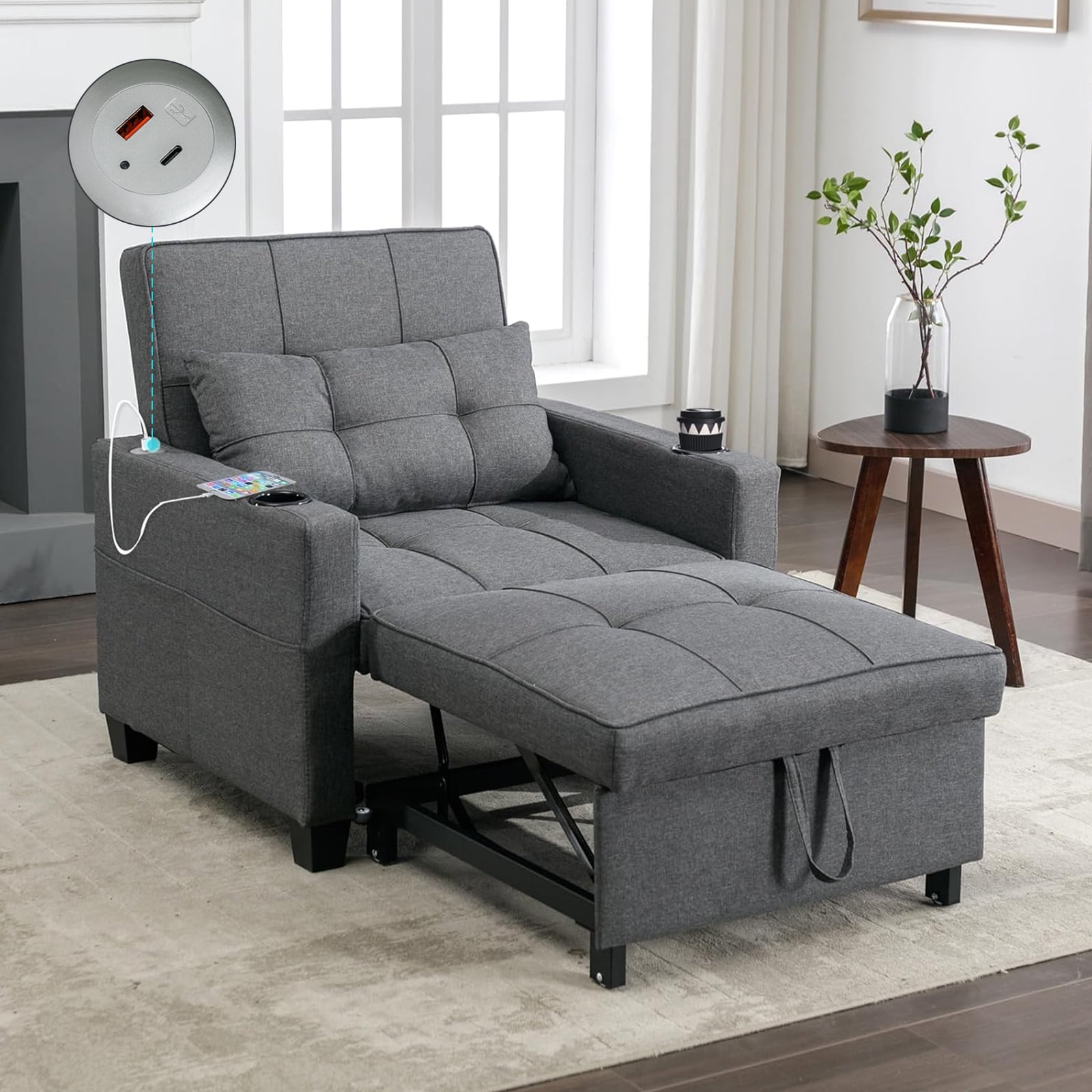 Convertible 3-in-1 Pull Out Sleeper Chair Adjustable Backrest Futon ...