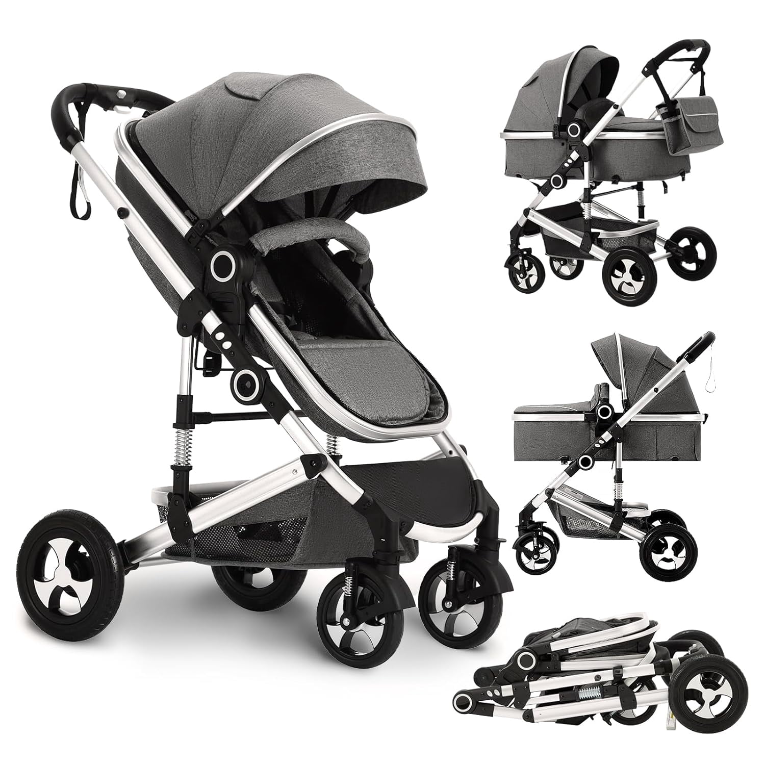 Convertible Baby Stroller, 3 in 1 Folding Infant Stroller, High ...