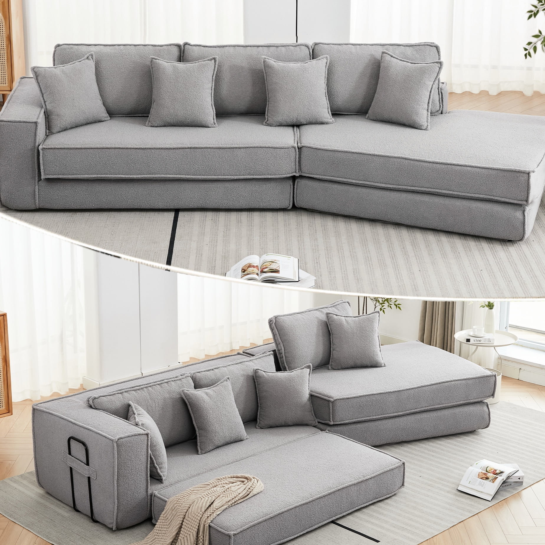 Convertible Bed With Exceptional Quality, 3 Seat, Gray Lamb Velvet, High Foam For Longevity ...