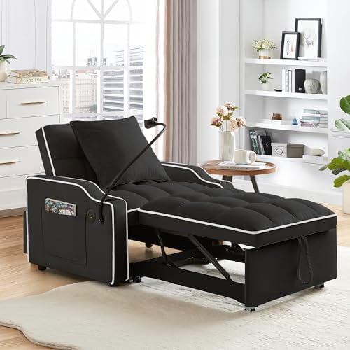 Convertible Chair Bed, Modern Velvet Sofa Chair Sleeper Bed with USB ...