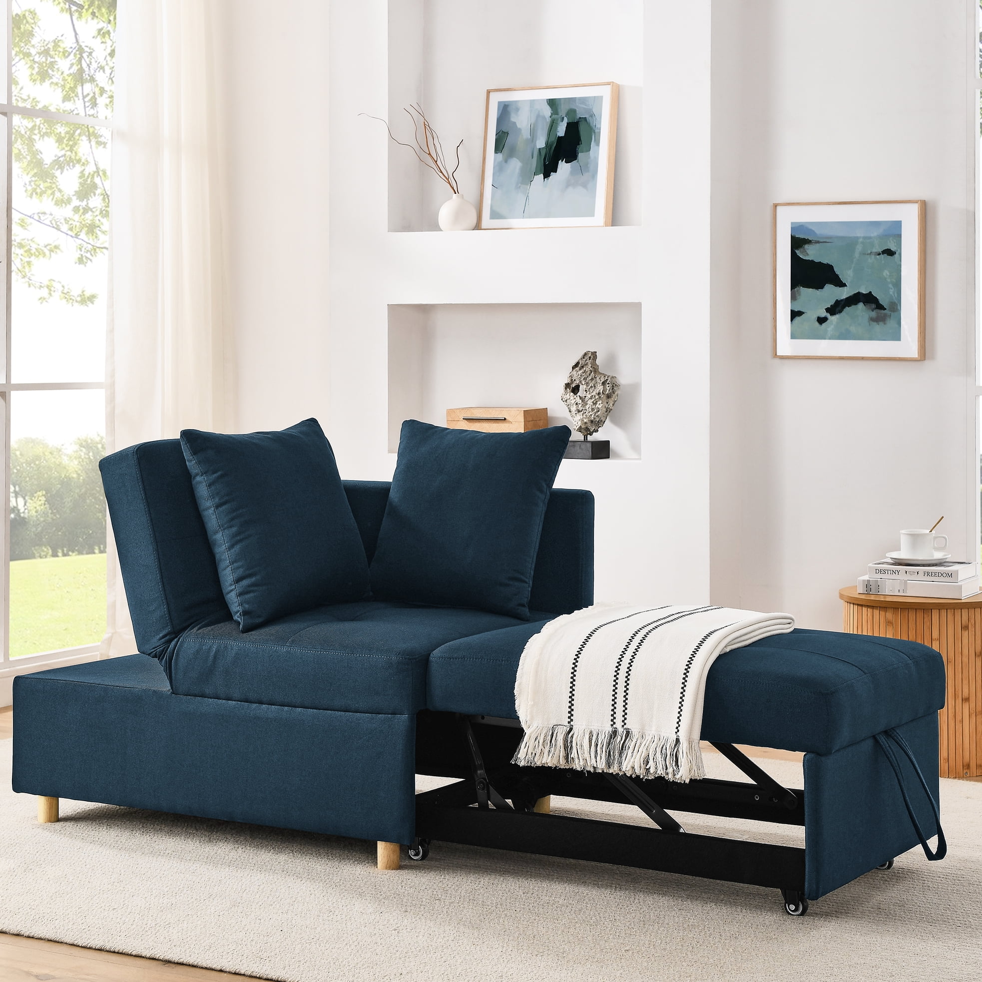 Convertible Chair With Linen Fabric And Adjustable , Pullout Bed Wheels ...