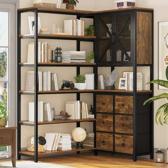 Convertible Corner Bookshelf 6 Tier, Industrial L Shape Shelf with ...