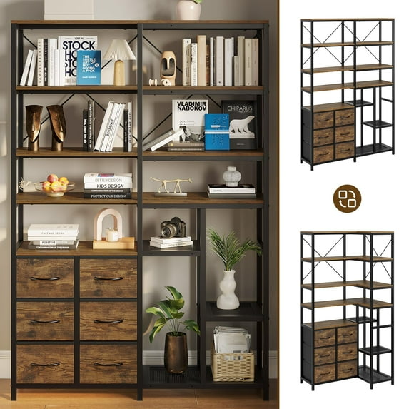 Convertible Corner Bookshelf with 6 Fabric Drawers, Tall Bookcase 7 ...