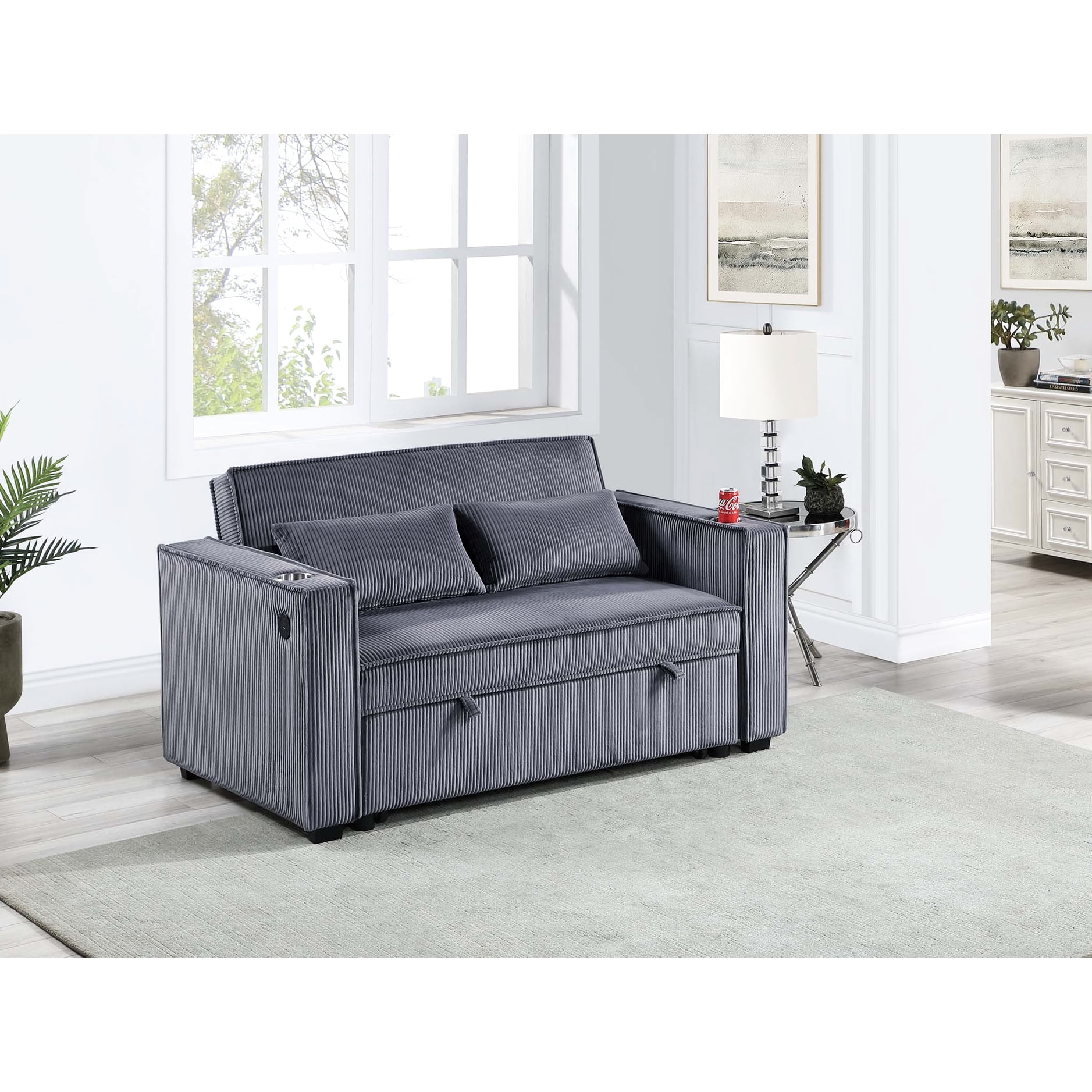 Convertible Dark Gray Corduroy Bed With Cup Holder And Soft Pillow 2 ...