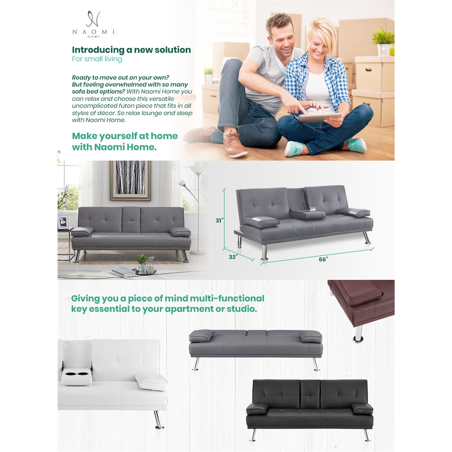 Convertible Faux Leather Futon Sofa Bed, Folding Sofa Couch with arm ...