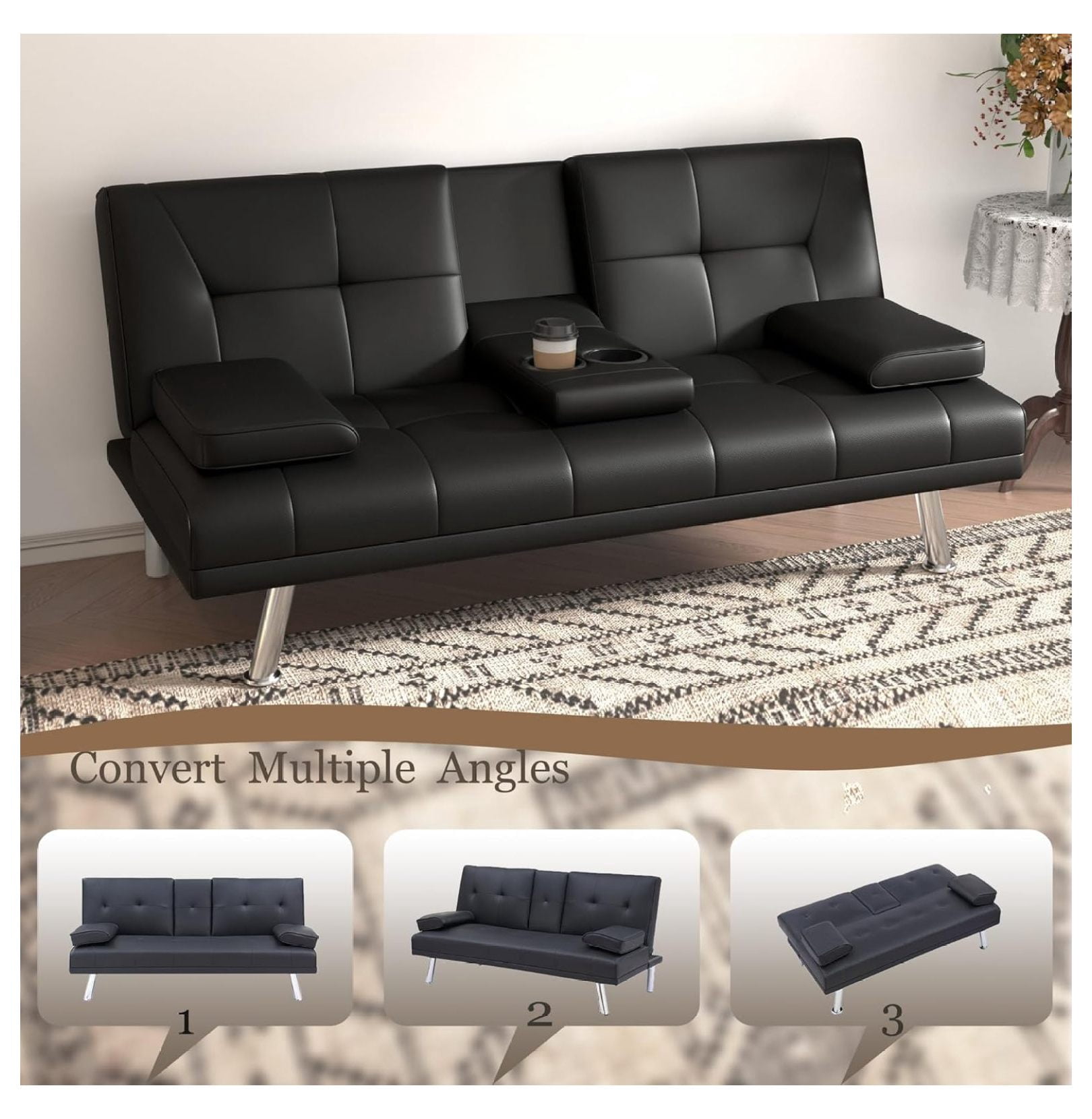 Convertible Folding Futon Sofa Bed,Modern PU Leather Love Seat with 3 ...
