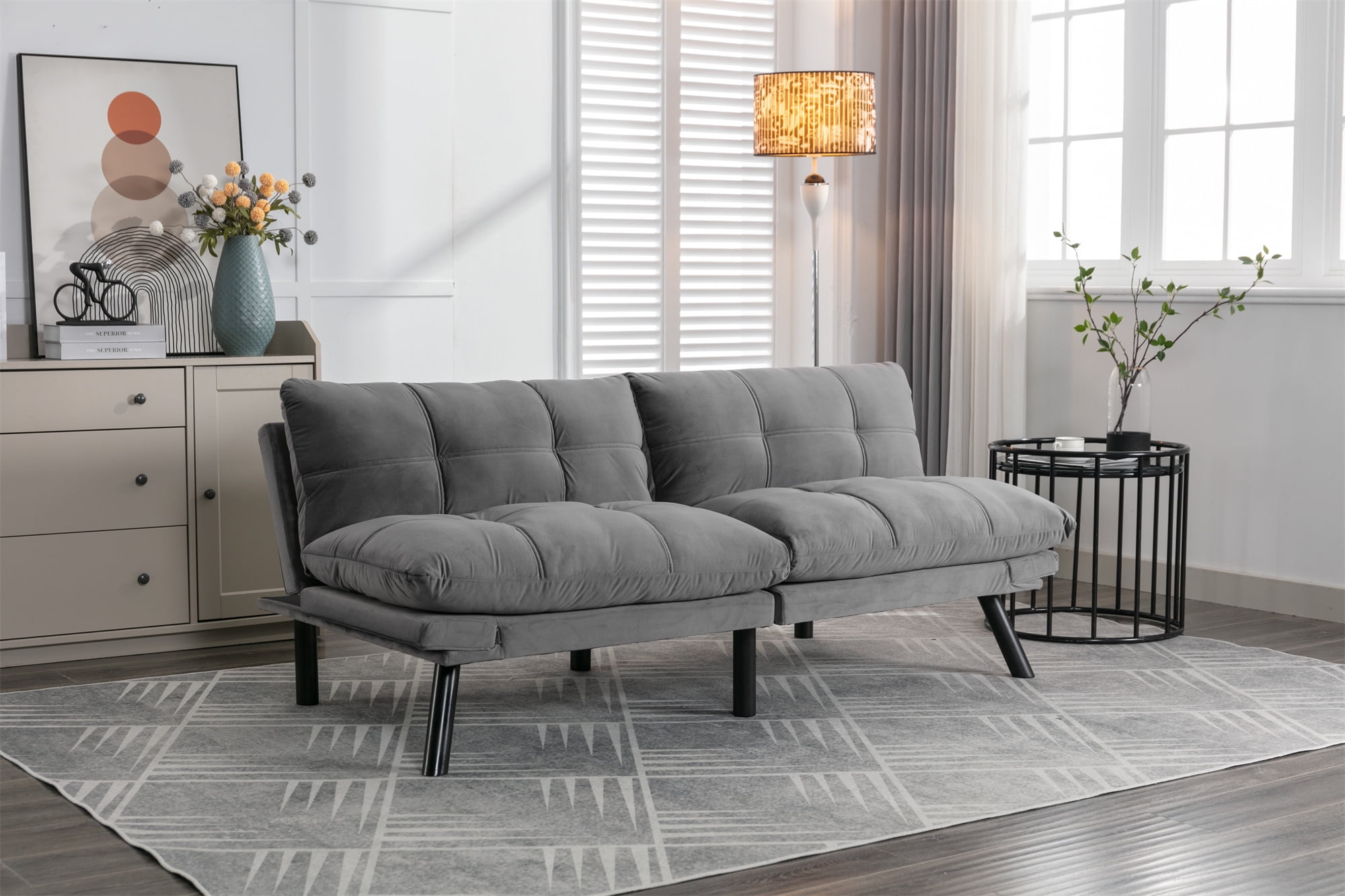 Velvet Futon Sofa Bed with Multiple Angle Adjustable Armrest and ...