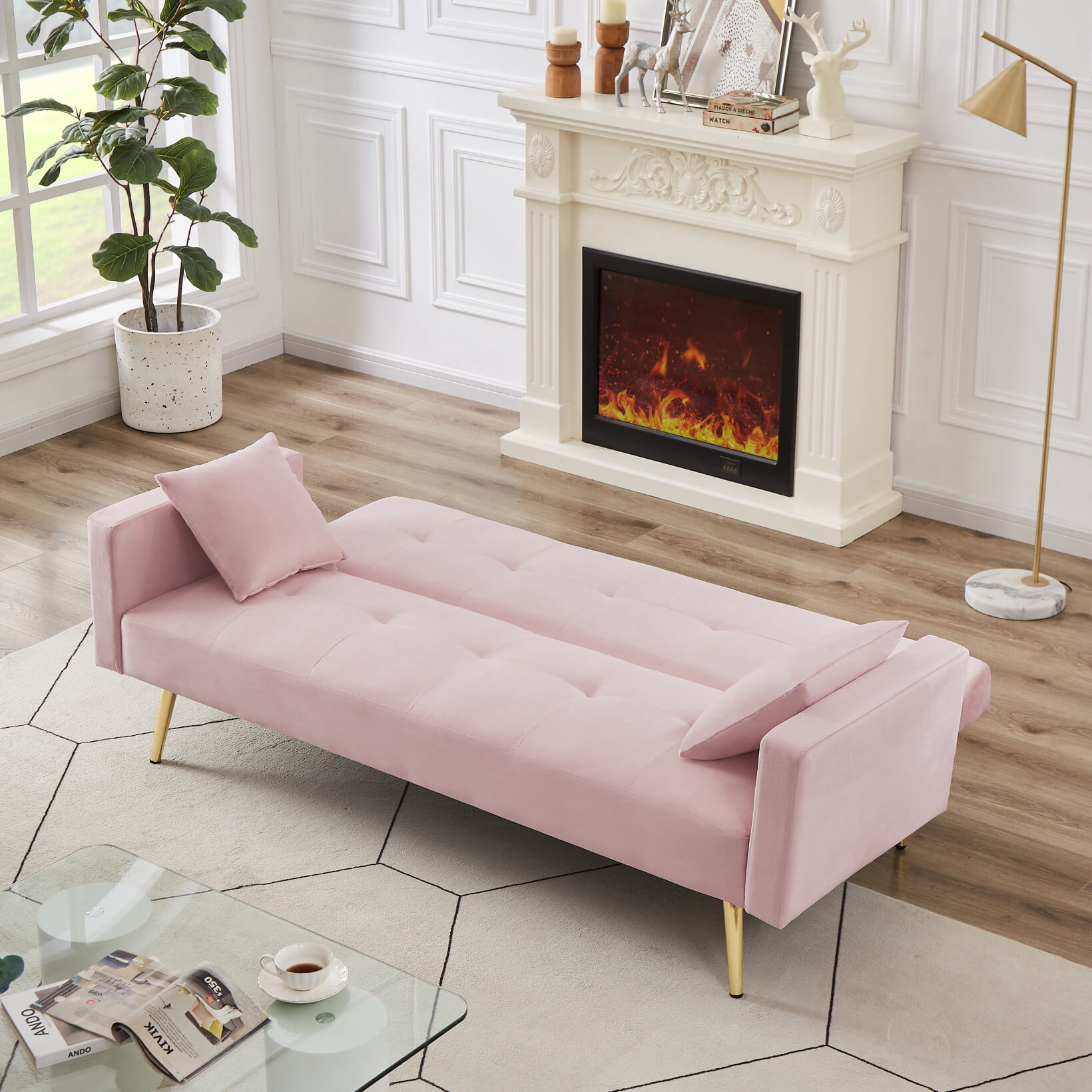 Convertible Folding Sofa Bed,Velvet Sleeper Sofa Couch with Gold Metal ...