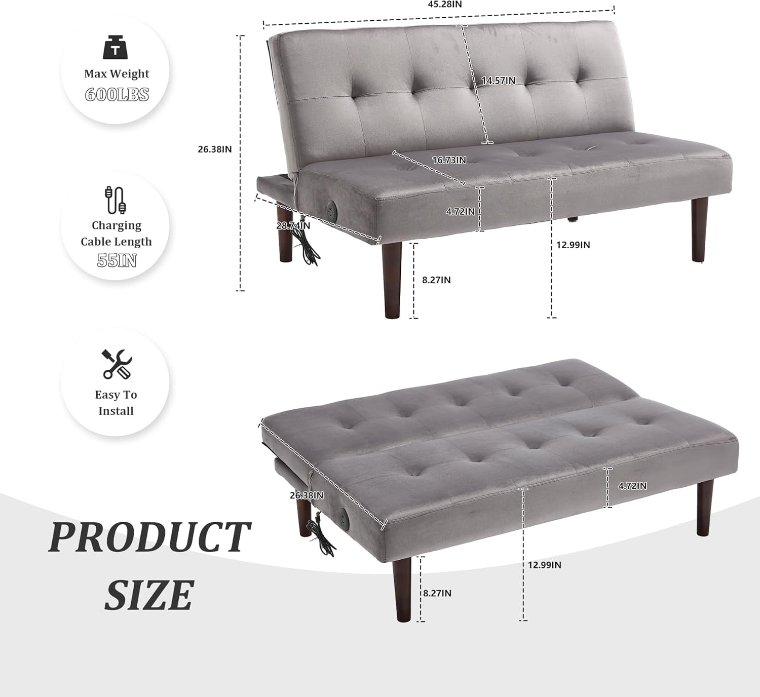Convertible Futon Sofa Bed with Adjustable Backrest, Flannelette ...