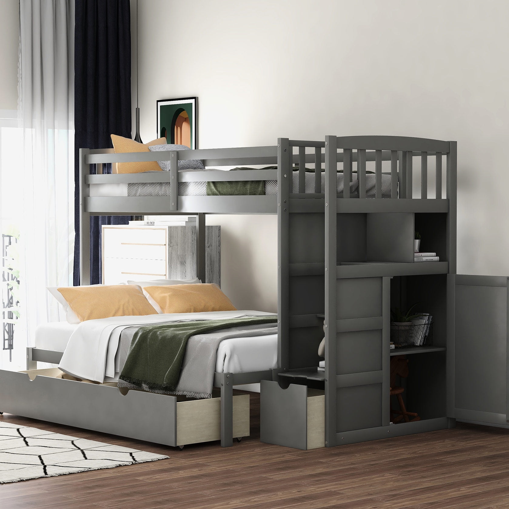 Convertible Gray Pine Bunk Bed / Provides Flexible Bed Sizes and ...