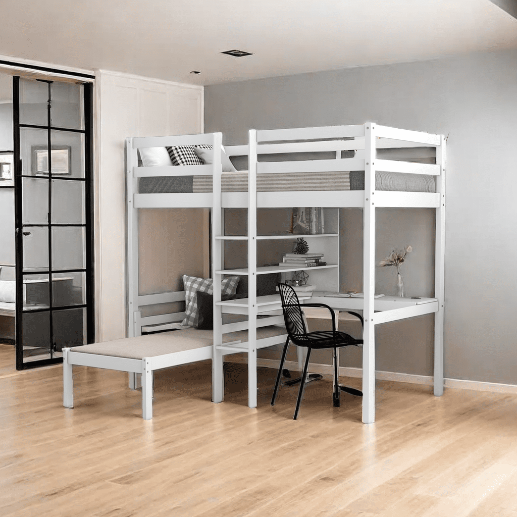 Convertible Loft Bed with L-Shape Desk, Twin Wood Bunk Bed with Shelves ...