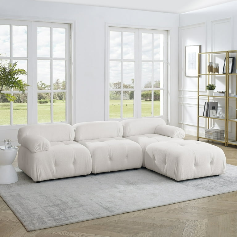 Convertible Modular Sectional Sofa Couch Teddy Fabric L Shaped Sectional Sofa with Reversible Ottoman Modern 4 Seater Button Tufted Corner Sofa