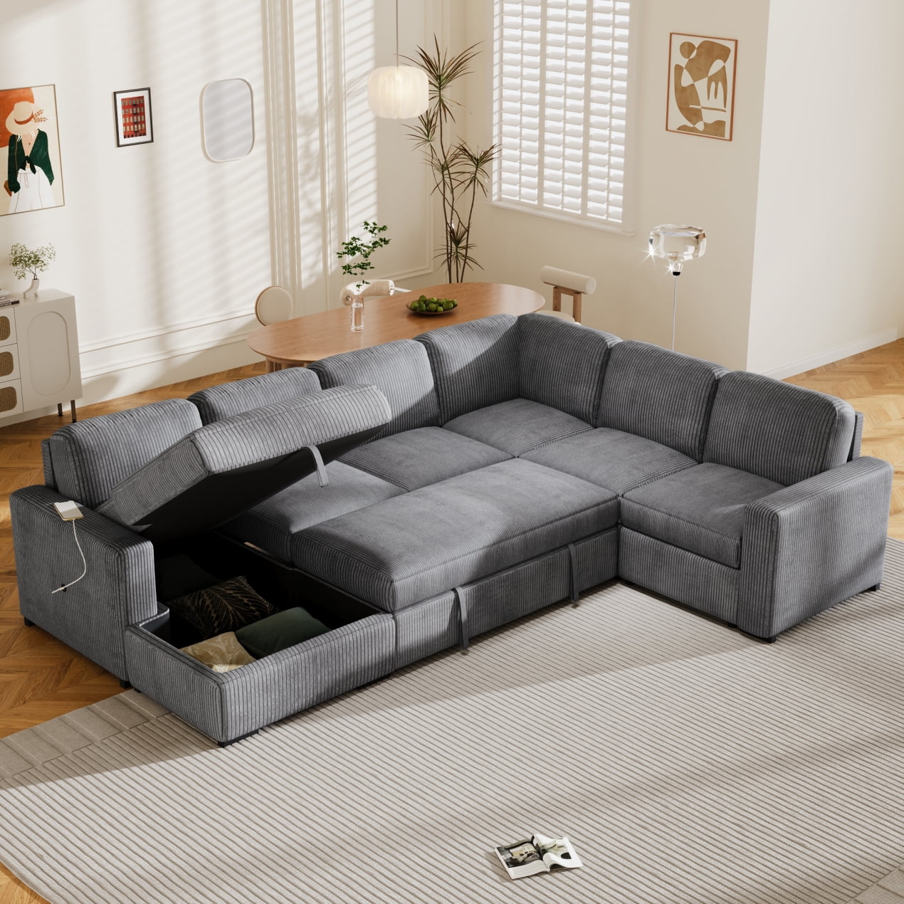 Convertible Modular Sectional Sofa with Pull Out Sleeper Bed, Corduroy ...