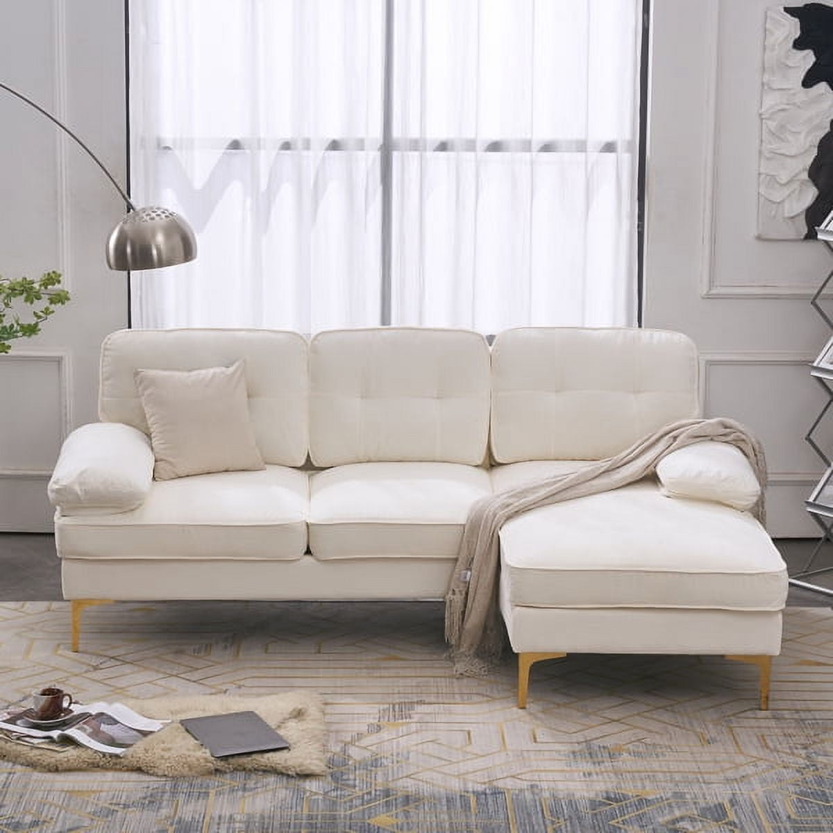 Beige L-Shaped Modular Sofa, Three-Seat with Ottoman, Reversible Chaise ...