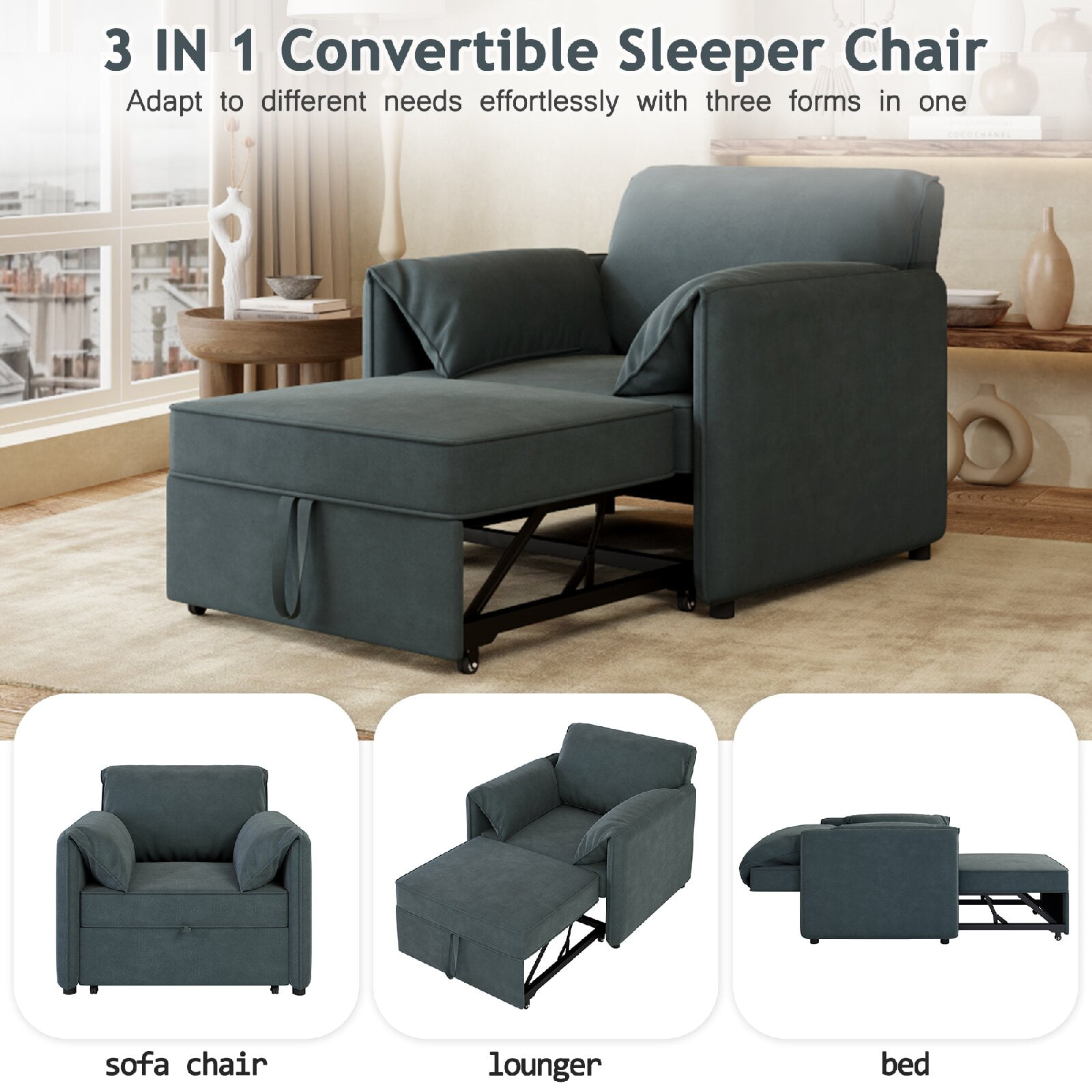 Convertible Pull Out Sofa Bed, 3-in-1 Convertible Sleeper Chair ...