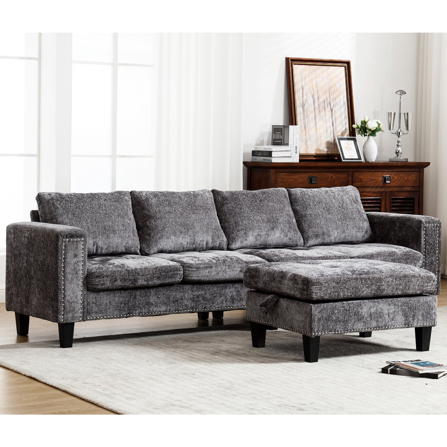 Convertible Sectional Couch With Storage , Gray Chenille 5 And ...