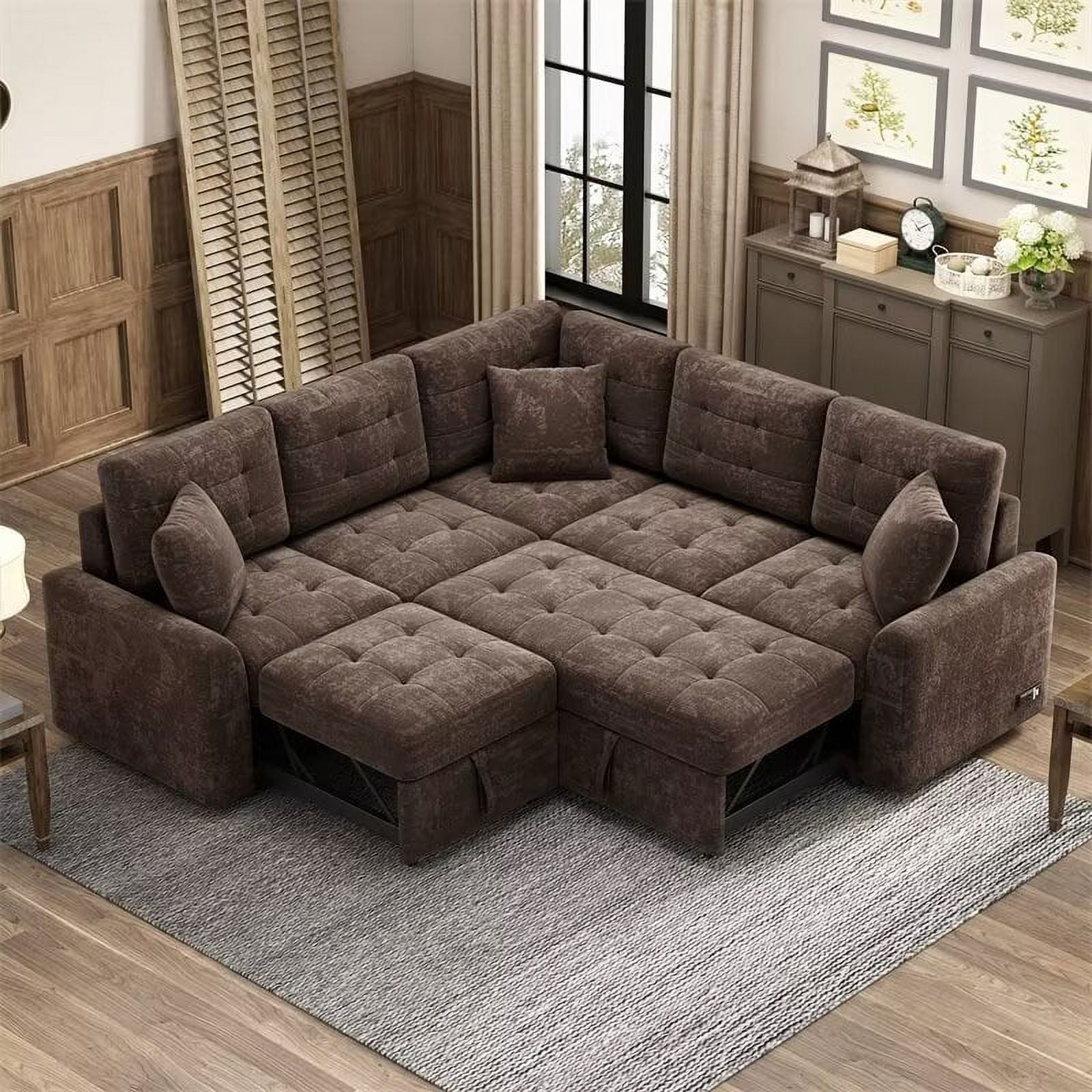 Convertible Sectional Sleeper Sofa with Charging Station, Pull Out Bed ...