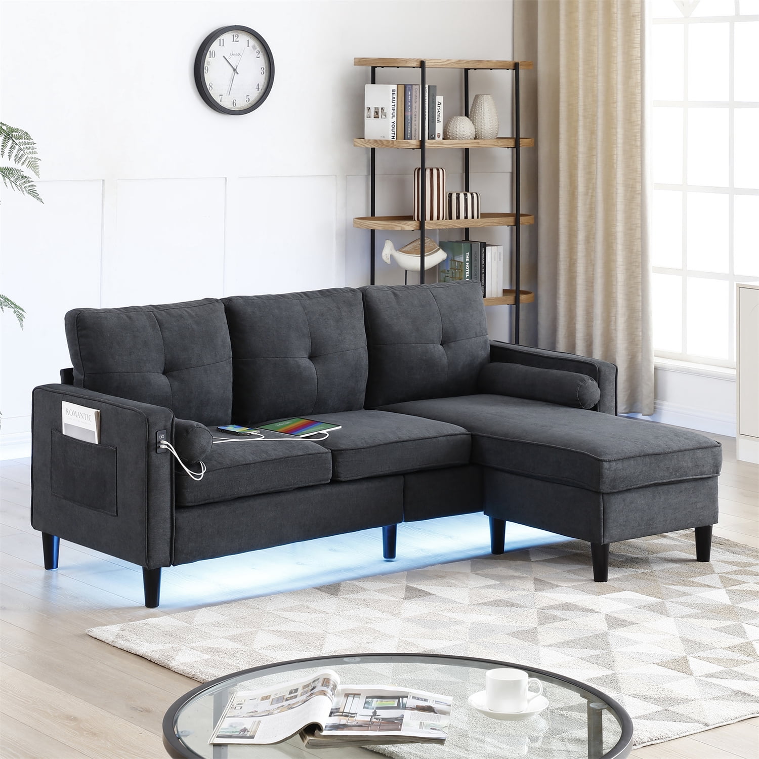 Convertible Sectional Sofa with 2 Side Pockets, Modern Sofa Couch with ...
