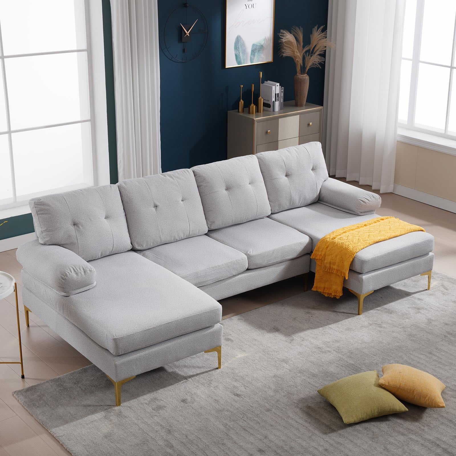 Convertible Sectional Sofa Couch, 106" U Shaped Sectional Couch with Double Chaise, 4 Seat Sofa ...