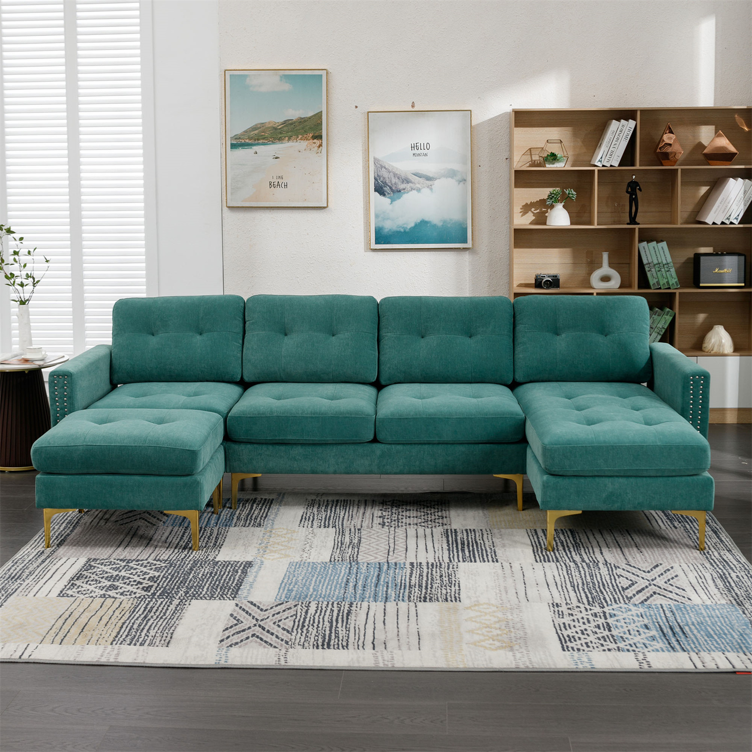 Convertible Sectional Sofa Couch, 110" Velvet Tufted Upholstery U ...